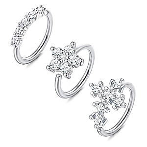 Drperfect 3 Pcs 925 Sterling Silver Pin Nose Ring Hoop, 20G Cubic Zirconia Cute Nose Ring Gold Silver Plated Cartilage Earrings Nose Piercing Jewelry for Women