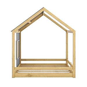 Bellemave House Bed Full Size Montessori Style Floor Bed Frame Wood Kids Cabin Beds Fun Playhouse Bed with Roof and Window for Girls Boys Teens, Gray with Natural