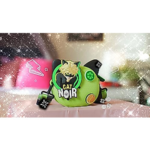 Miraculous Ladybug - Pop n' Swop Cat Noir Green Crossbody Bag with 4 Clip-on Badges, Cat Paw Zipper, Adjustable and Detachable Strap, Removable Ears, Lightweight Durable Waterproof Purse (Wyncor)