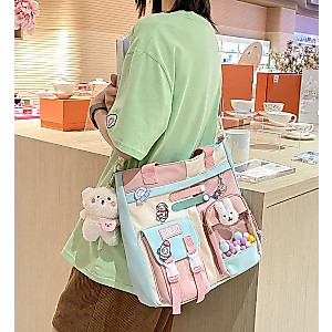 Aesthetic Messenger Bag with Kawaii Pins and Pendant for Women Cute Crossbody Bag Shoulder Tote Bag Casual Handbag(Pink &Green, One Size)