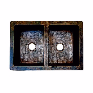 Copper Kitchen Drop-in or Under-mount Sink, Double Bowl, 60/40 Split, Dark Brown Patina (33x22x9)