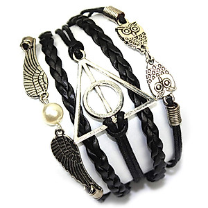 Handcrafted Harry Potter Bracelet, Antique Silver Harry Potter, Bead,Owls, Wings Charm Black Leather Bracelet Wristband Jewelry Gift