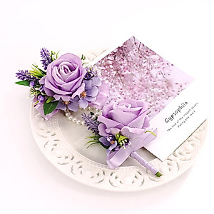 Floinla Purple Corsage and Boutonniere Set for Wedding Prom, Artificial Flower Wrist Corsage Bracelets, Homecoming Corsage Wristlet, Boutonniere for Men Wedding Suit Decorations
