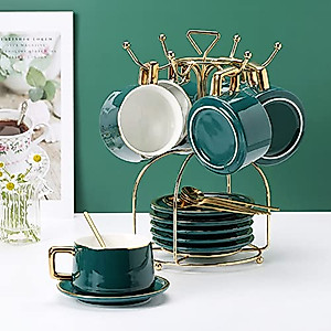 oAutoSjy Iron Coffee Cup Holder Gold Mug Holder with Hook & Handle Coffee Mug Rack Dishes Organizer Mug and Saucer Display Rack Wrought Iron Mug Drainer Storage Drying Rack for Counter Kitchen Office