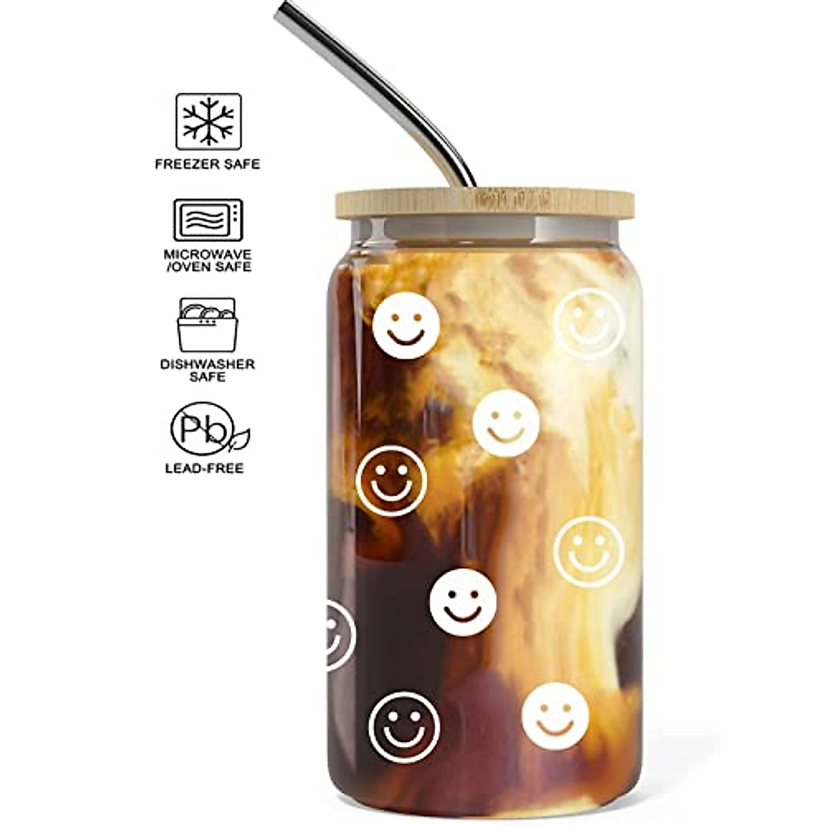 Smiley Face Glass Cups with Lids and Straws- Tumbler with Lid and Straw- 16 oz Iced Coffee Cup w/Bamboo Lid Stainless Streel Straw- Beer Can Shaped Drinking Glasses- Cute Cups- Gift for Women