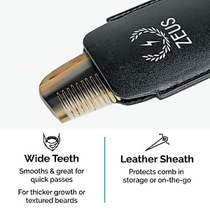 ZEUS Wide Tooth Natural Horn Beard Comb w/Leather Case, Saw-Cut, Anti-Static, Tames, Smooth Glide for Long/Thick Beards