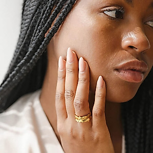 MYEARS Women Ring Gold Hammered Chunky Band Irregular Diamond Cubic Zirconia 14K Gold Filled Simple Statement Finger Everyday Jewelry Size 8