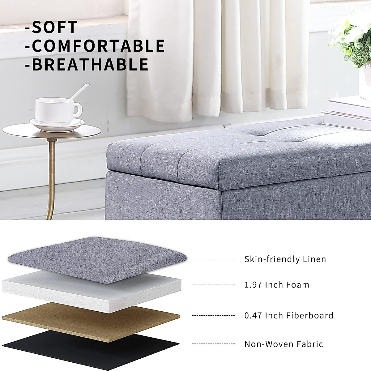 Tassullo Hinged Storage Ottoman Set of 3, 38'' Living Room Storage Bench with Thick Seating, 2pcs Small Square Dorm Stool Couch Side Foot Rest