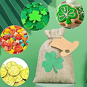St. Patrick's Day Burlap Gift Drawstring Bags with Shamrock, Top Hat, Gold Pot, Beer Decor Burlap Candy Bags Linen Treat Bags Coin Bags with Cards for St. Patrick's Day Party Supplies (100)