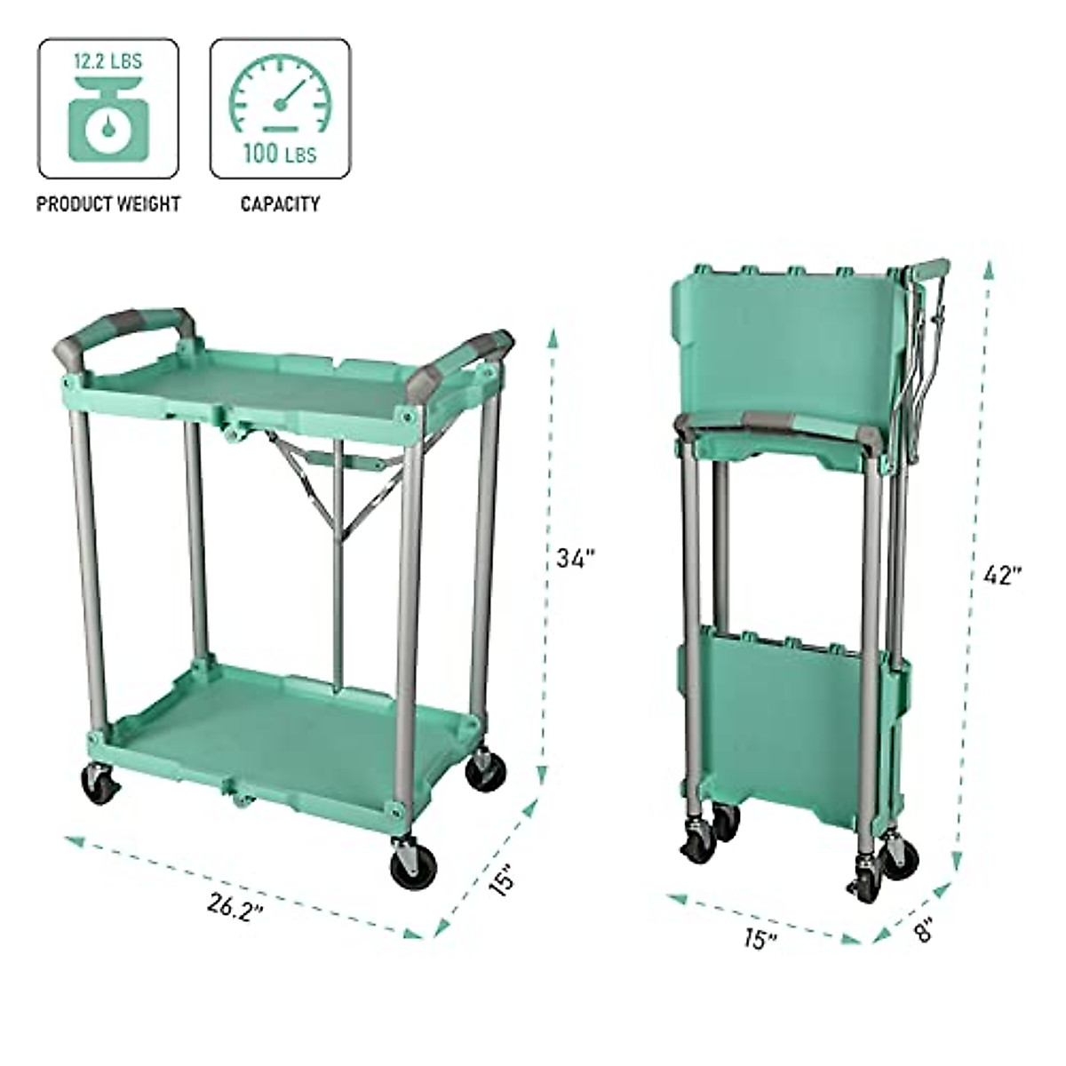 Olympia Tools 89-357 Pack-N-Roll Folding Collapsible Service Cart, Teal, 50 Lb. Load Capacity per Shelf, 2-Layers