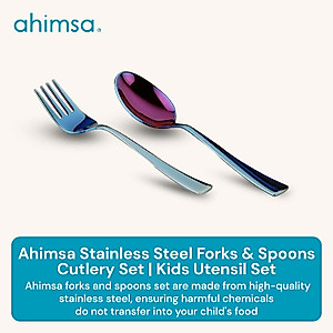 Ahimsa Stainless Steel Forks & Spoons | Cutlery Set | Kids Utensil Set | 100% BPA Free & Dishwasher Safe (Iridescent Blue)
