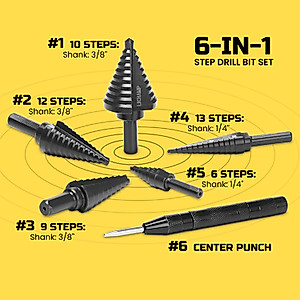 Lichamp Step Drill Bit Set for Metal Sheet Heavy Duty, 5-Piece Premium M2 HSS Step Up Down Drill Bits Stepper Unibit for Steel Hole, 50 Sizes from 1/8 to 1-3/8 inches