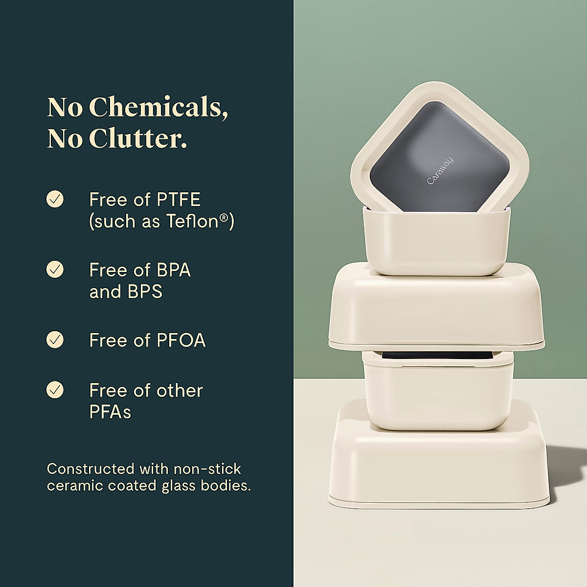 Caraway Glass Food Storage, 10 Cup Glass Container,Ceramic Coated Food Container,Easy to Store, Non Toxic, Non Stick Lunch Box Container with Glass Lids. Dishwasher, Oven,Square Shape,Cream