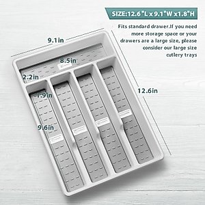 Joequality Silverware Organizer with Icons，Plastic Cutlery silverware Tray for Drawer，Utensil Flatware Tableware Organizer for Kitchen with Non-slip TPR,Fits Standard Drawer,5-Compartment，Grey