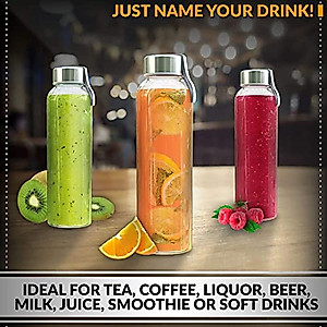 Chef's Star 18 Oz Clear Glass Water Bottles, Reusable Glass Juicing Bottles with Protection Sleeve and Stainless Steel Leak Proof Lids, Set of 12