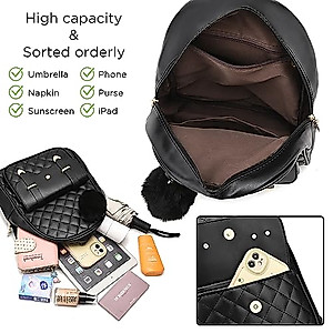 I IHAYNER Backpack Purse for Women 3PCS Leather Cute Small Backpack Purse with Pompom Mini Backpack for Women Travel Backpack (Black)