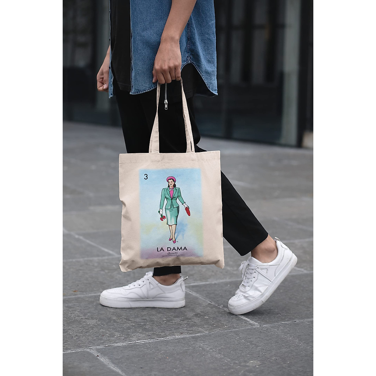 Pop Threads La Dama Woman Lady Loteria Card Mexican Bingo Black 15x15 inches Large Canvas Tote Bag