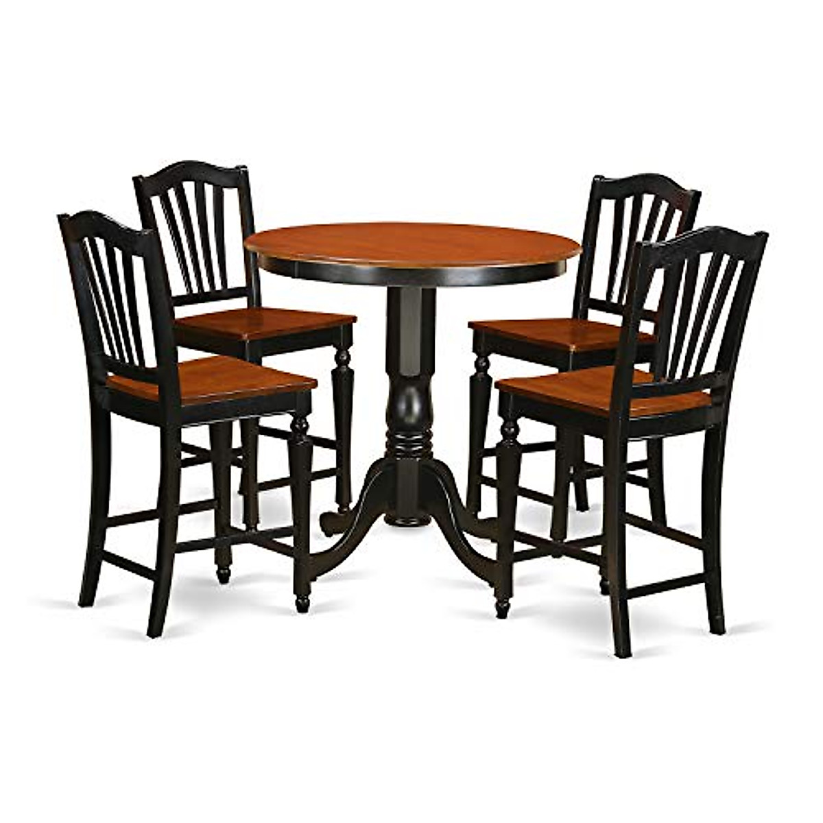 East West Furniture JACH5-BLK-W 5 Piece Counter Height Dining Table Set Includes a Round Kitchen Table with Pedestal and 4 Dining Room Chairs, 36x36 Inch, Black & Cherry