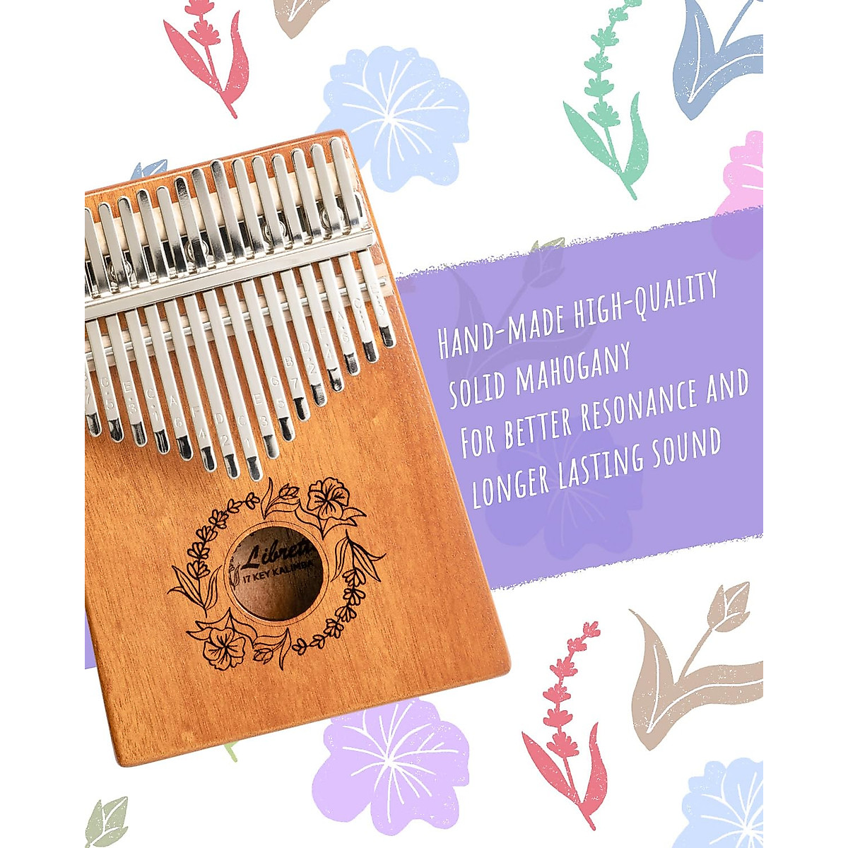 Libretto Kalimba Solid Wood Thumb Piano 17 Keys, Portable Mbira Finger Piano with Tune Hammer, Flannel Bag, Manual, Cleaning Cloth, Finger Covers, and Stickers, Great Gift for Kids and Adult Beginners