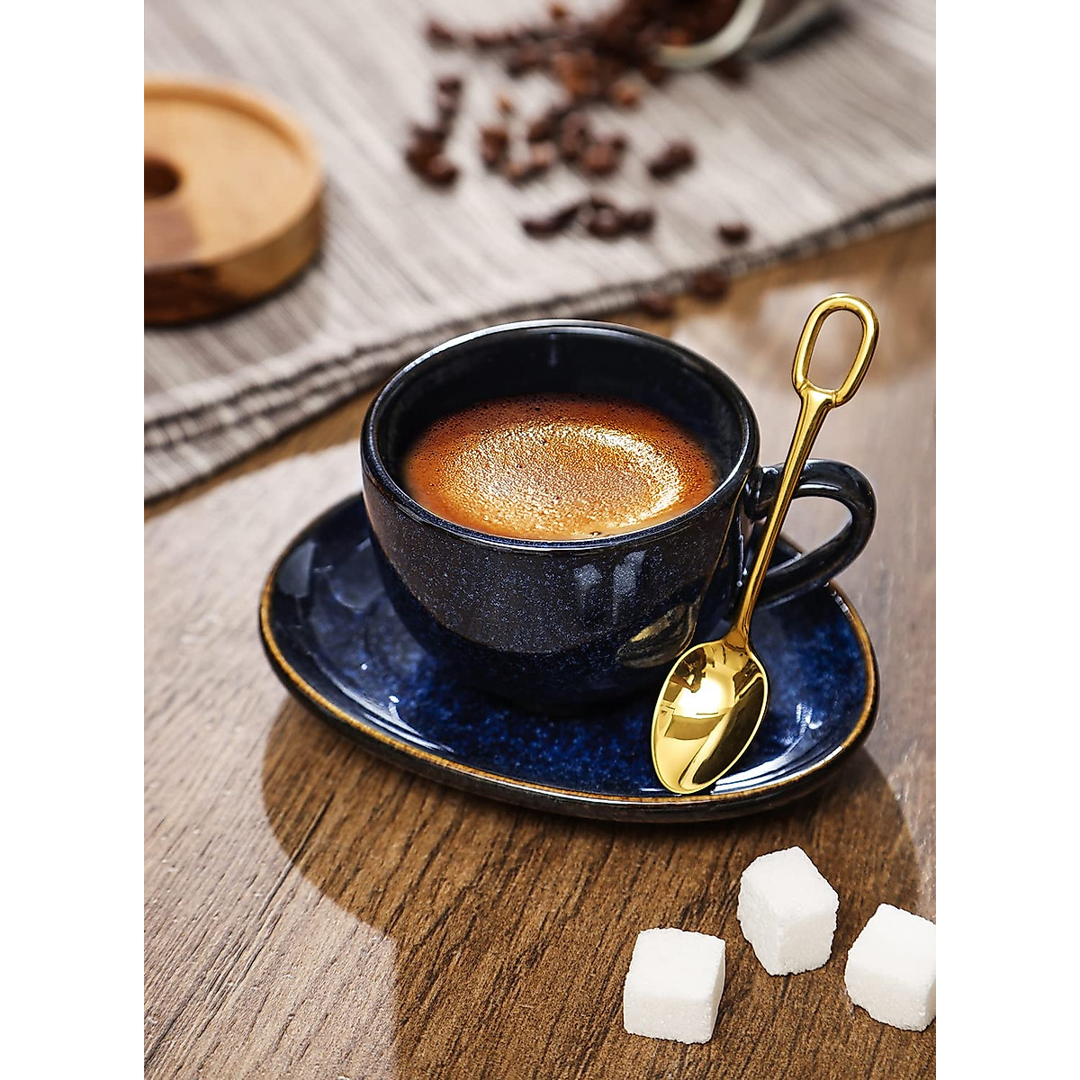 vicrays Ceramic Espresso Coffee Cups Set 4 oz Porcelain Espresso Cups with Saucers Spoons and Metal Stand for Tea Cafe Cappuccino Latte - Set of 6 - Blue