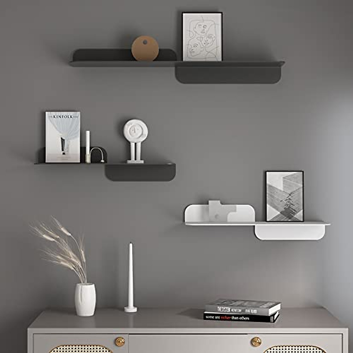 Nordic Style Wrought Iron Shelf on The Wall, Wall-Mounted Bookshelf, One-Word Storage Partition, Suitable for Living Room, Bedroom, Bathroom, Kitchen, Black