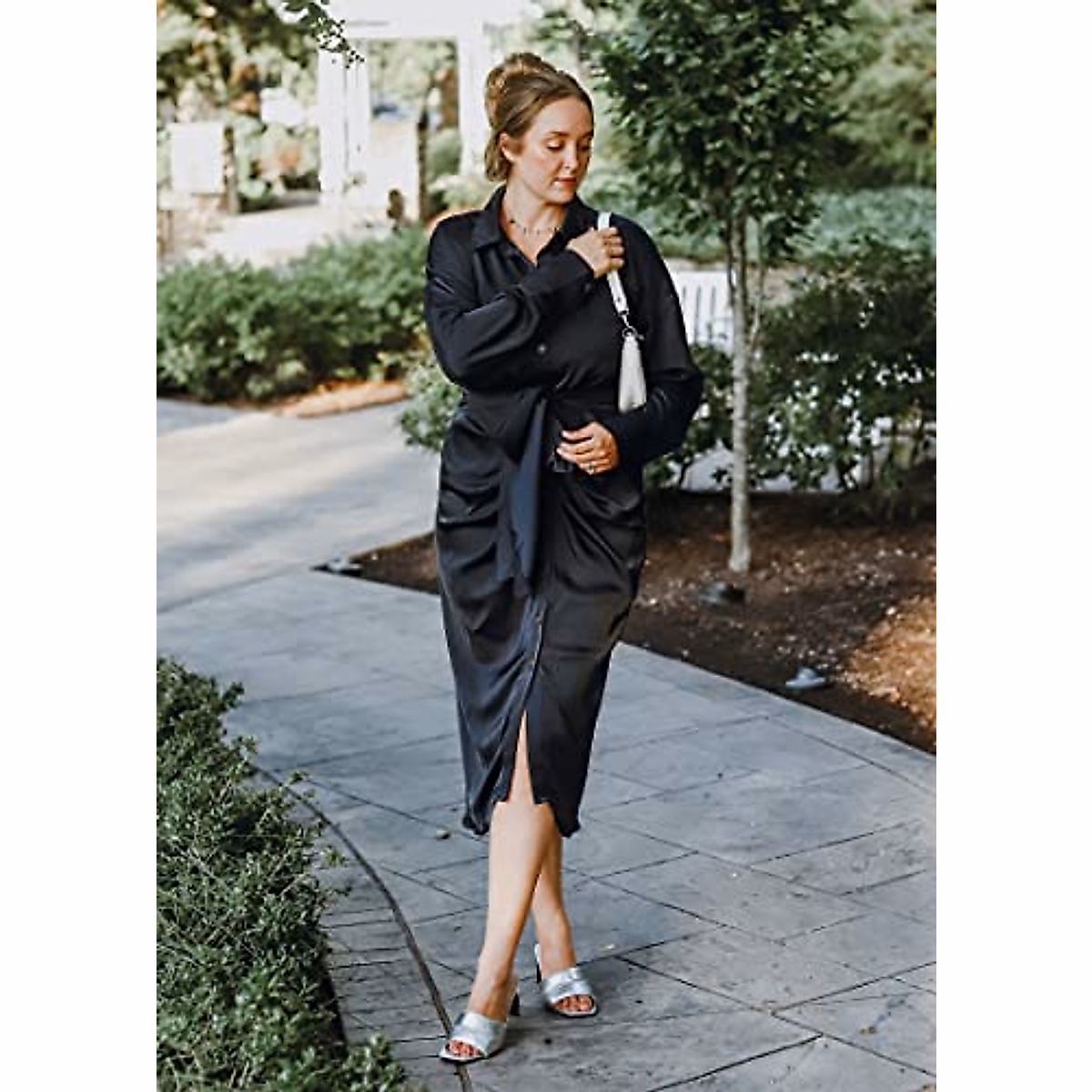 BTFBM Women 2023 Long Sleeve Lapel V Neck Button Down Satin Dress Belted Elegant Ruched Summer Fall Maxi Shirt Dresses(Solid Navy, Large)