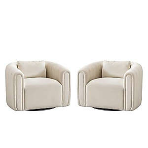 ANJ Swivel Barrel Chair Set of 2 with Plump Pillow, Modern Channel Dutch Velvet Accent Chair, Comfy Round Armchair, Swivel Accent Chair for Nursery Living Room Bedroom (Beige)