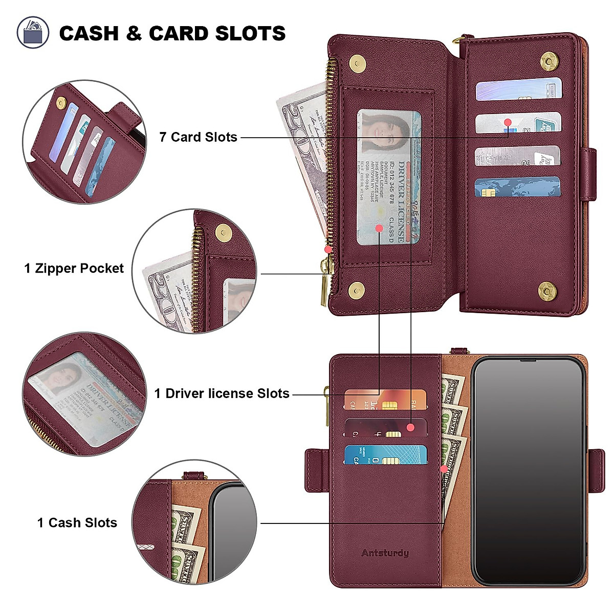 Antsturdy Compatible with Samsung Galaxy Note 10+ Plus case Wallet with Card Holder for Women Men Phone case RFID Blocking PU Leather Flip Cover with Strap Zipper Credit Card Slots,Wine Red