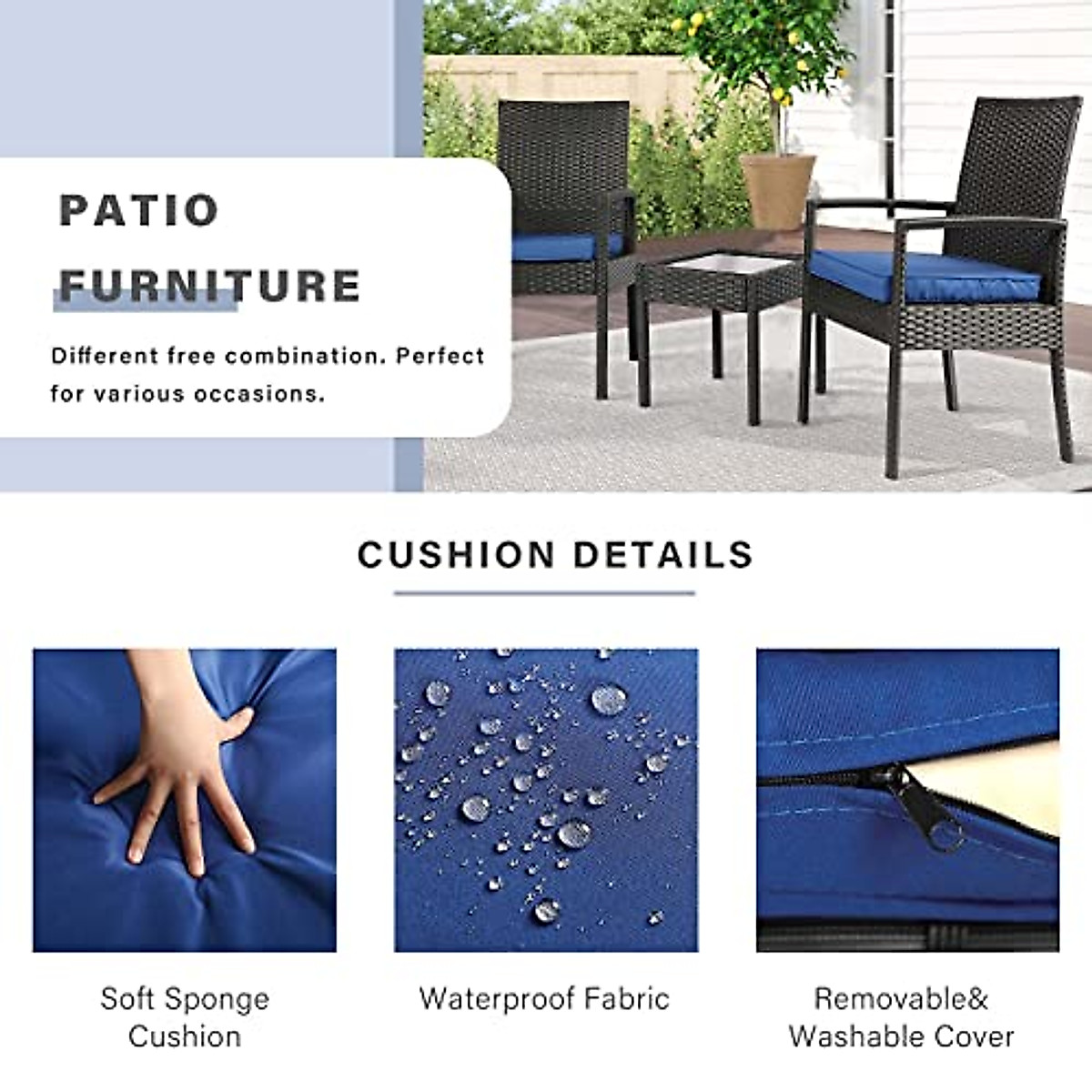 Tochiyoga Patio Furniture Set 3 Piece, Wicker Patio Furniture Sets, Outdoor Wicker Rattan Furniture, Outdoor Bistro Set, Wicker Patio Set, All Weather Balcony Furniture Set(Black)