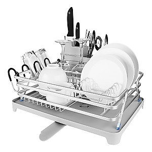 Linkidea Aluminum Dish Drying Rack, 16.9" x 12.6" Compact Rustproof Dish Rack and Drainboard Set, Dish Drainer Strainers with Adjustable Drainage and Removable Cutlery and Cup Holder Fit Kitchen