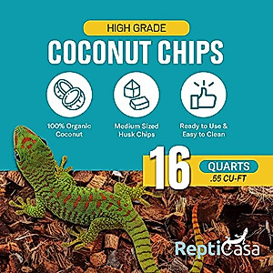 ReptiCasa Organic Coconut Chips Substrate Clean & Ready to Use for Reptiles, Snakes, Tortoise, and Amphibians, Natural Fiber Free Husks, Clean Breeding and Bedding Flooring, Odor Absorbing - 16 Quarts