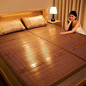 SUZEPER Foldable Summer Sleeping Mat,Double-Sided Bamboo Cooling Mattress Topper,Smooth Breathable Bed Mat Ice Silk Floor Mat for Single Double Bed Bedroom(100x190cm(39x75inch), A)