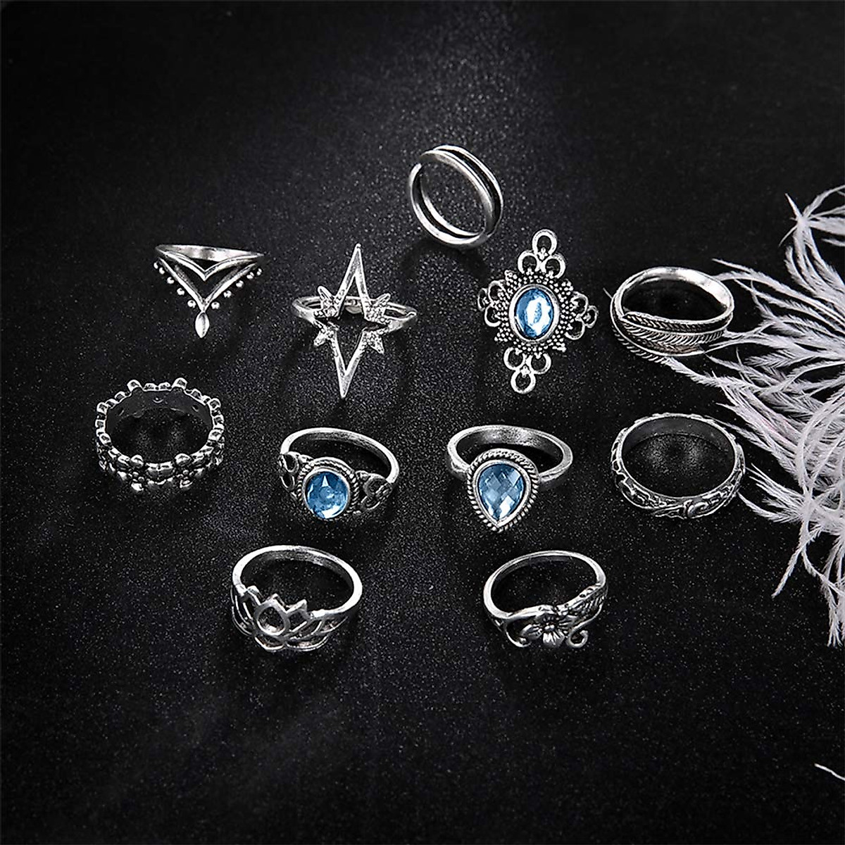 Aimimier 11 Pcs Bohemian Stackable Joint Knuckle Ring Set Carved Flower Star Leaf Gemstone Midi Ring Vintage Finger Rings for Women