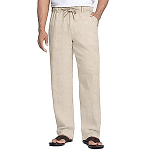 COOFANDY Linen Beach Pants for Men Casual Lightweight Summer Pants Drawstring Waistband Linen Trousers (Khaki, XXL)