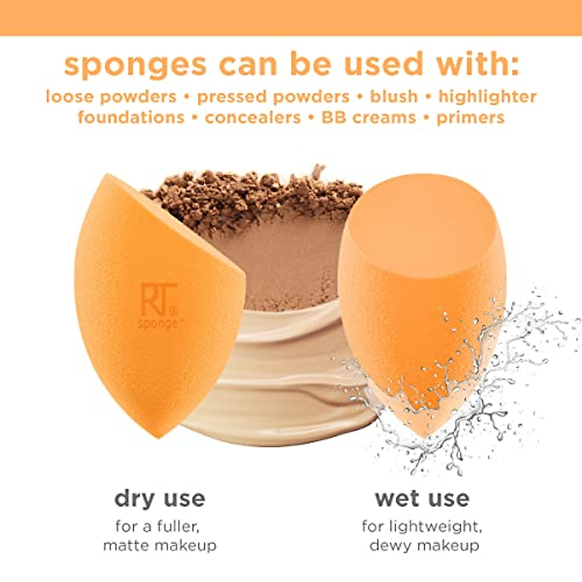 Real Techniques Miracle Complexion Sponge Duo, Makeup Blending Sponge, For Foundation, Offers Light To Medium Coverage, Natural, Dewy Makeup, Orange Sponge, Latex-Free Foam, 2 Count