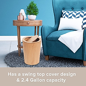 Modern Round Trash Can with Lid,Real Wood Waste Basket in Light Brown,9.25"x7.5"x11.8",8L/2.1Gal Swing Top Small Trash Can, Living Room, Office & Bathroom Den Loft Garden Patio