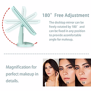 Flymiro Tri-fold Lighted Vanity Makeup Mirror with 3x/2x Magnification,21 LEDs Light and Touch Screen,180 Degree Free Rotation Countertop Cosmetic Mirror,Travel (Green)