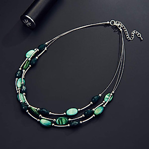 PEARL&CLUB Crystal Layered Statement Necklace For Women - Choker Necklace with Chunky Silver Chain, Birthday Gifts For Women (13-Dark green)