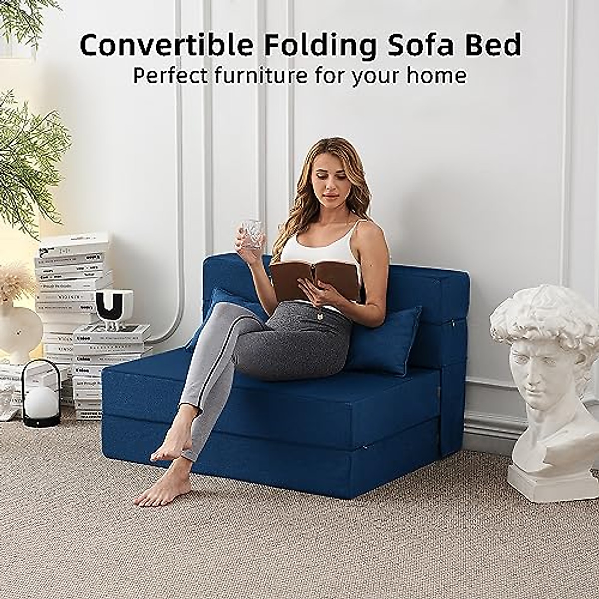 FILUXE Convertible Folding Sofa Bed - Sleeper Chair with Pillow, Modern Linen Fabric Floor & Futon Couch, Foldable Mattress for Living Room/Dorm/Guest/Home Office/Apartment,Standard Size, Navy Blue