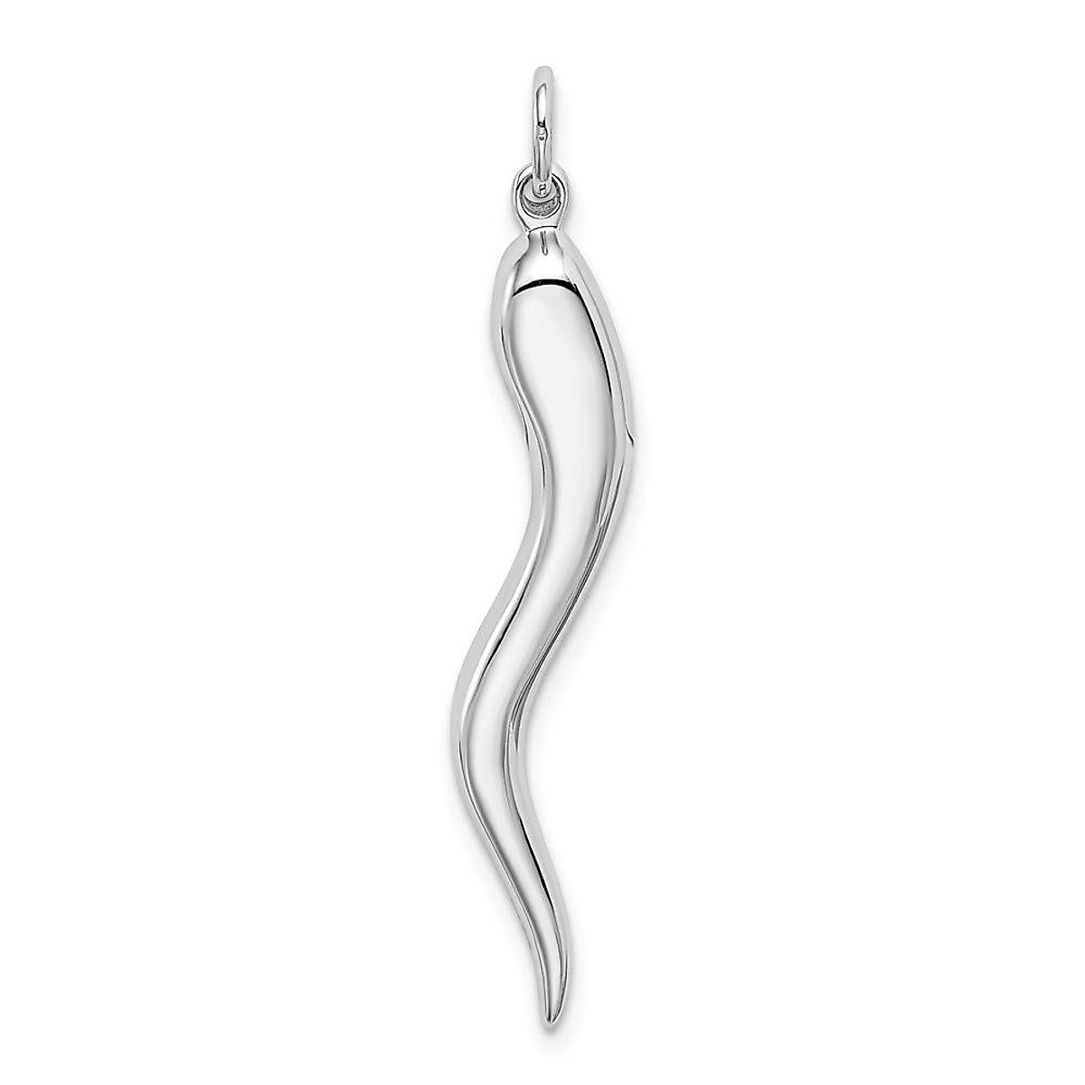14k White Gold Solid 3-Dimensional Large Cornicello Italian Horn Protection Charm Pendant - 40mm x 5mm