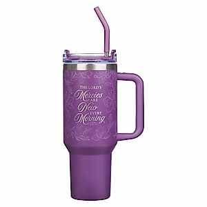 Christian Art Gifts Extra Large Inspirational Scripture Engraved Insulated Stainless Steel Travel Tumbler for Women: Mercies Are New Twist Dial Lid, Reusable Straw & Silicone Tip, Purple Floral, 40 oz