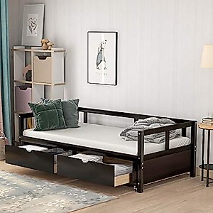 Extendable Daybed with Trundle, Twin to King Bed Frame, Modern Extending Bed with 2 Storage Drawers, Wood Slat Support Sofa Bed for Bedroom Living Room Guest, No Spring Box Needed (Espresso)
