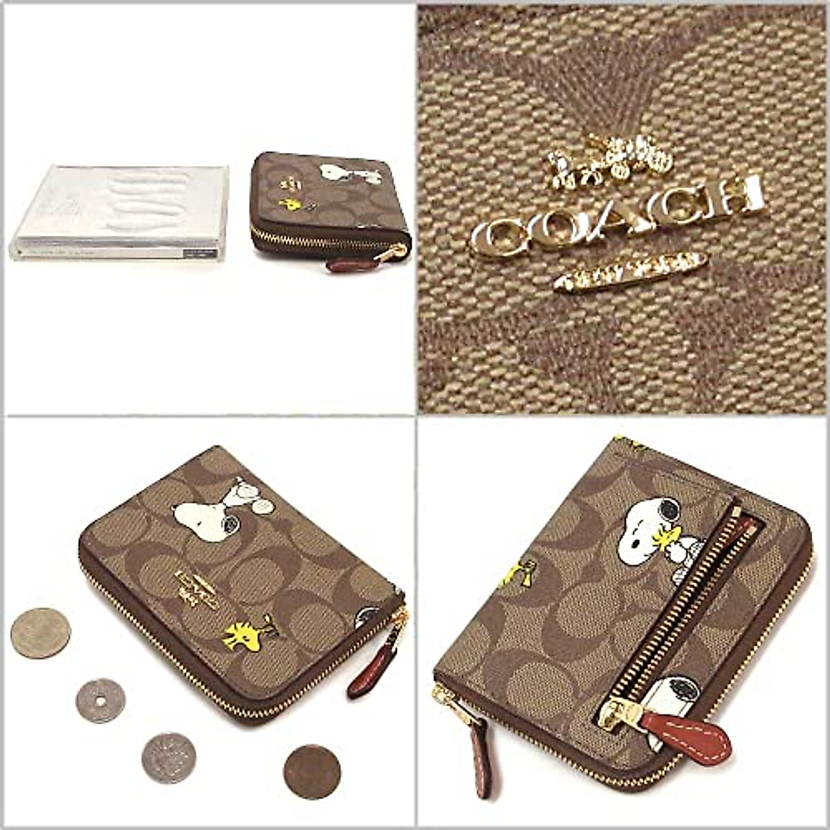 COACH X Peanuts Small Zip Around Wallet In Signature Canvas With Snoopy Woodstock Print Style No. CE704 Khaki