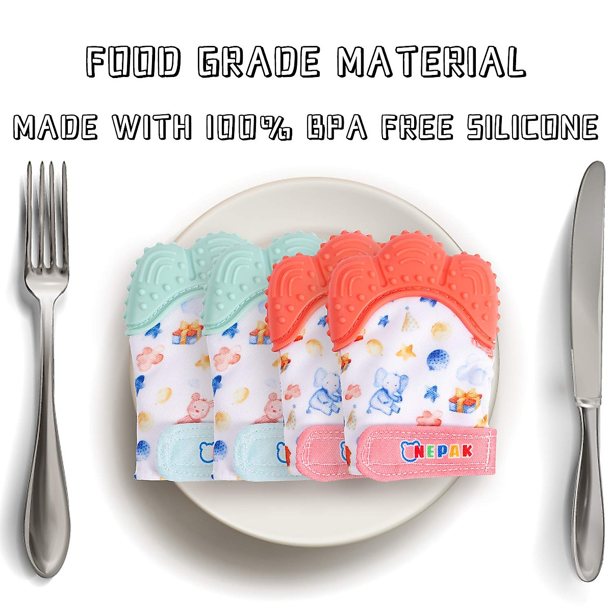 NEPAK Teething Mitten 2 Pairs-Baby Glove Stimulating Teether Toys for Boys & Girls-Teething Glove for Child (Cartoon Puppet,Coral and Mint Colours)