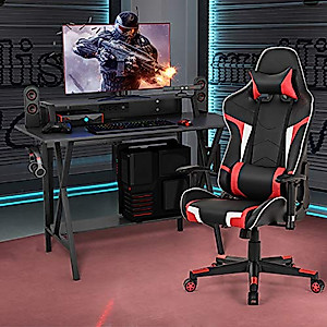 Tangkula Gaming Desk and Chair Set, Ergonomic E-Sport Gamer Desk & Racing Chair Set w/Cup Holder, Monitor Stand, Earphone Hook, Massage & Headrest, Home Office Computer Desk Chair Set (Red)