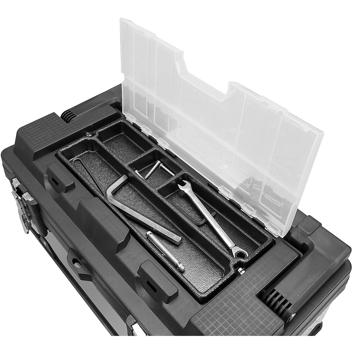 BIG RED A5519BR Torin 19" Stainless Steel and Plastic Portable Storage Tool Box Organizer with Metal Lock, Multiple Compartments, Clear Lid and Removable Trays - Stainless Steel/Black