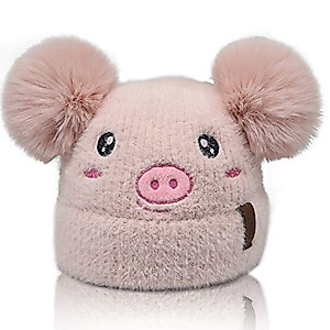 Kids Winter Beanie Knitted Hats for Girls Boys Toddler Baby, Pig Cartoon Animal Faux Fur Double Pom Pom Bobble Warm Soft Fleece Cute Infant Stocking Cap For Children