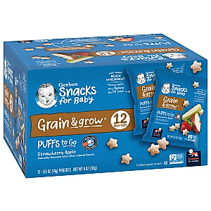 Gerber Snacks for Baby Grain & Grow Puffs To Go, Strawberry Apple, Non-GMO Puffed Grain Baby Snack for Crawlers, Pack of 1 Box