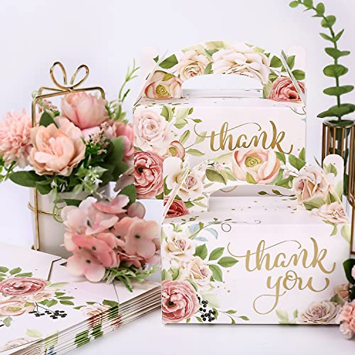 SOSFKIM Gable Treat Boxes Large 24 Pack - Floral Party Favor Boxes Bulk Embossed Foil 6.3x 3.5x 3.5in - Goodie Gable Boxes for Baby Shower, Wedding, Birthday