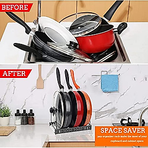 WEITELAI Pot Lid Organizer For Cabinet, 7 Dividers Adjustable Pots and Pans Organizer for Cabinet, With Draining Tray Kitchen Cookware, Bakeware, Cookie Cutting Board Organizer Black